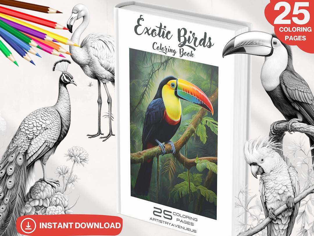 Exotic Birds Coloring Book: 25 Printable Animal Pages (PDF Download) - Etsy