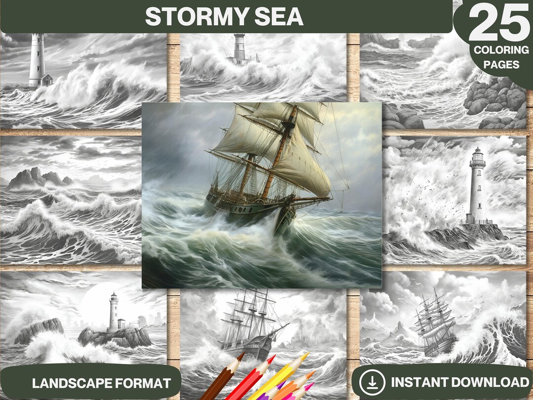Stormy Sea Coloring Book | Printable Adult Lighthouses Coloring Pages ...