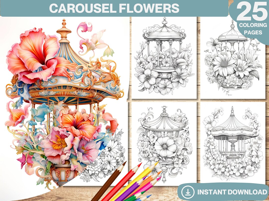 Carousel Flowers Coloring Book: 25 Grayscale Pages (printable PDF) - Etsy