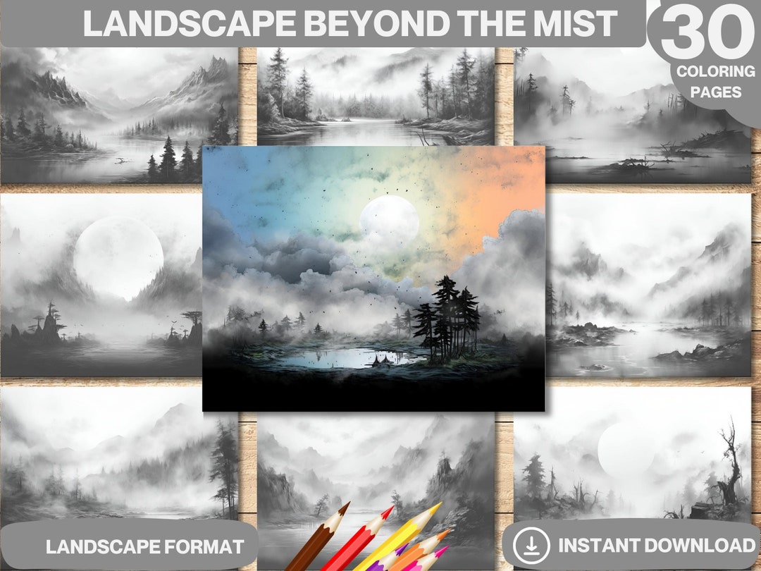 Landscape Beyond the Mist Coloring Book | Printable Adults and Kids ...