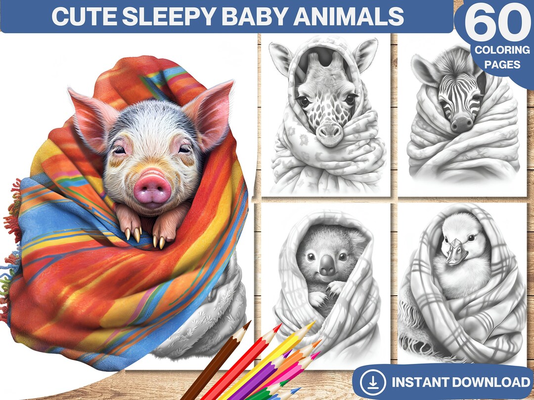 60 Cute Sleepy Baby Animals Coloring Book, Printable Cats Coloring ...