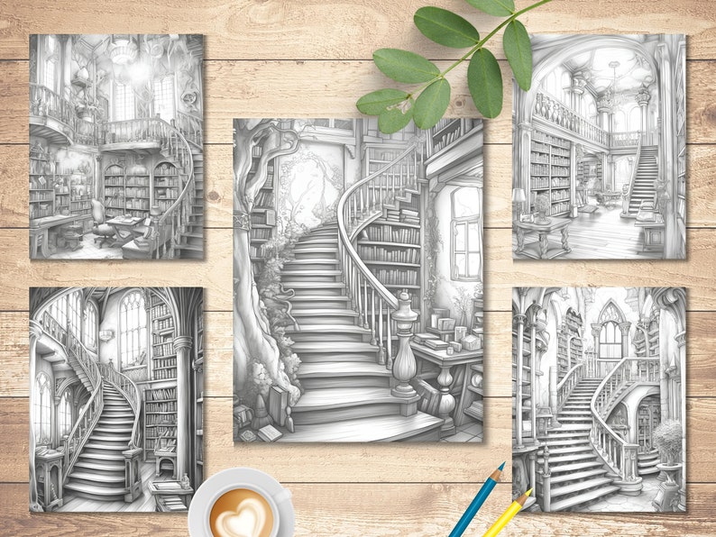 Enchanted Library Grayscale Coloring Book: 25 Fantasy Pages (printable ...