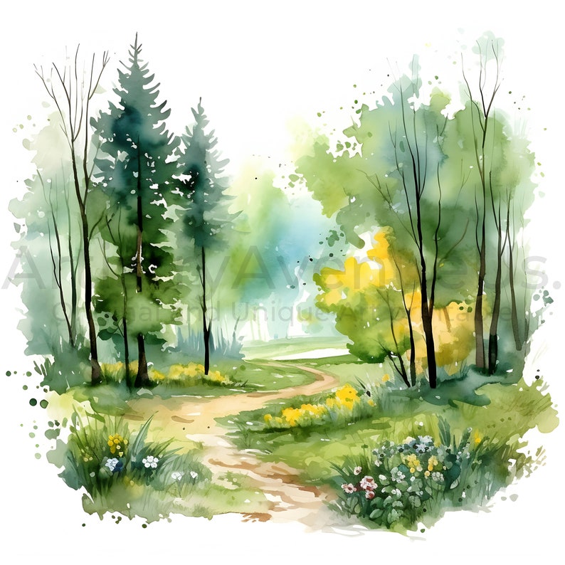 Watercolor Spring Forest Clipart – Nature JPG Images (digital Download ...