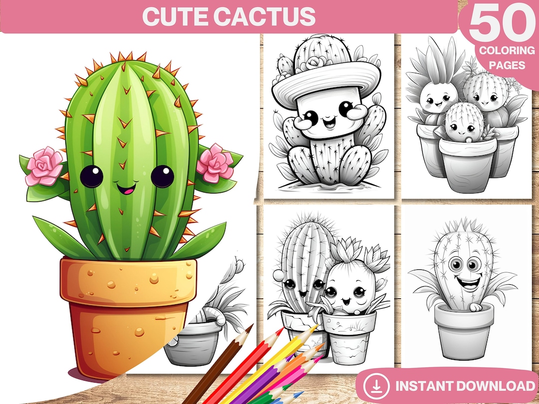 50 Cute Cactus Coloring Book | Adults and Kids Colouring Books ...