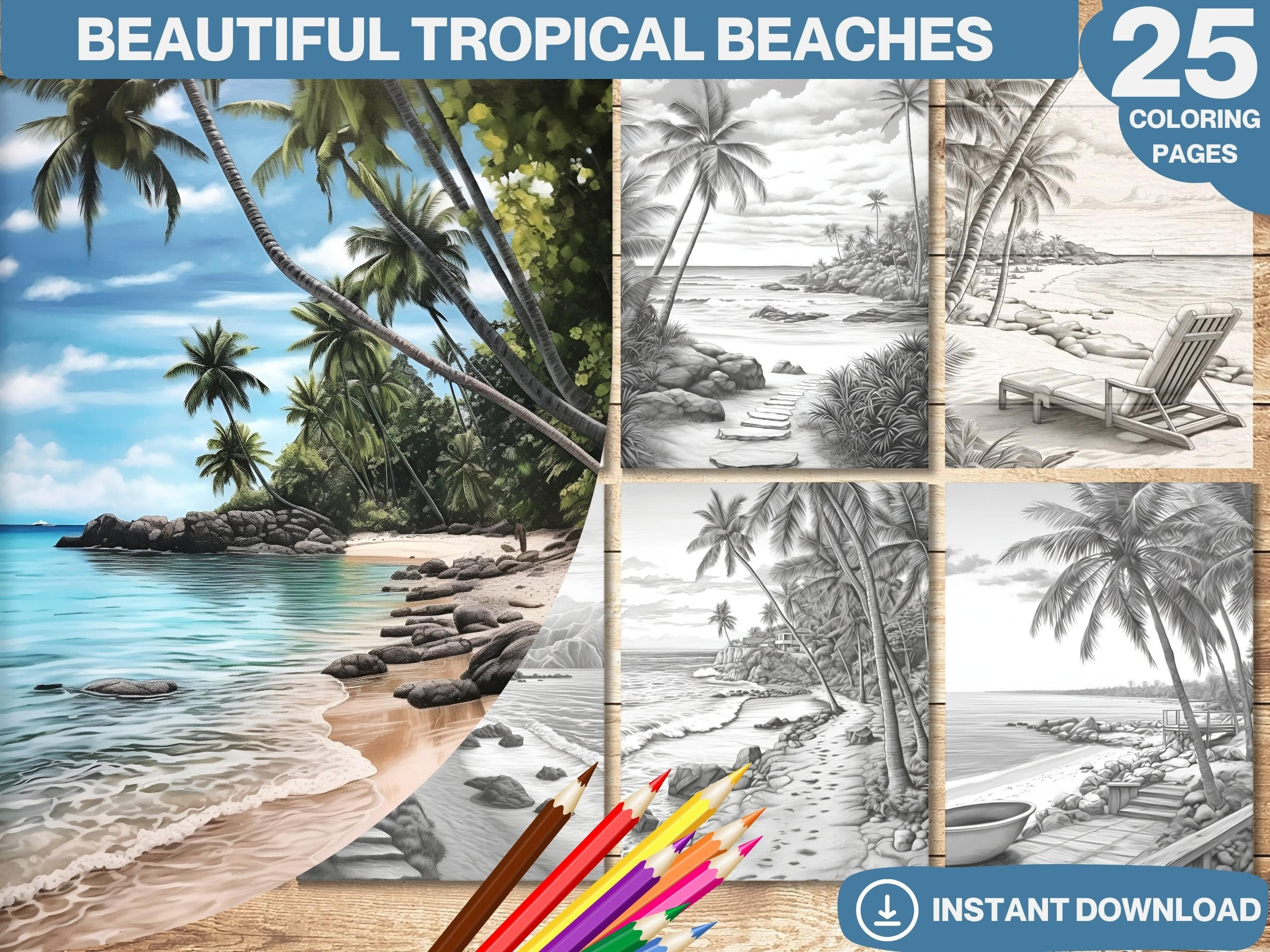 Beautiful Tropical Beaches Coloring Book Printable Adults - Etsy Australia