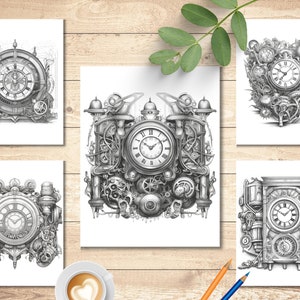 Steampunk Clock Coloring Book | Printable Adult and Kids Coloring Pages ...