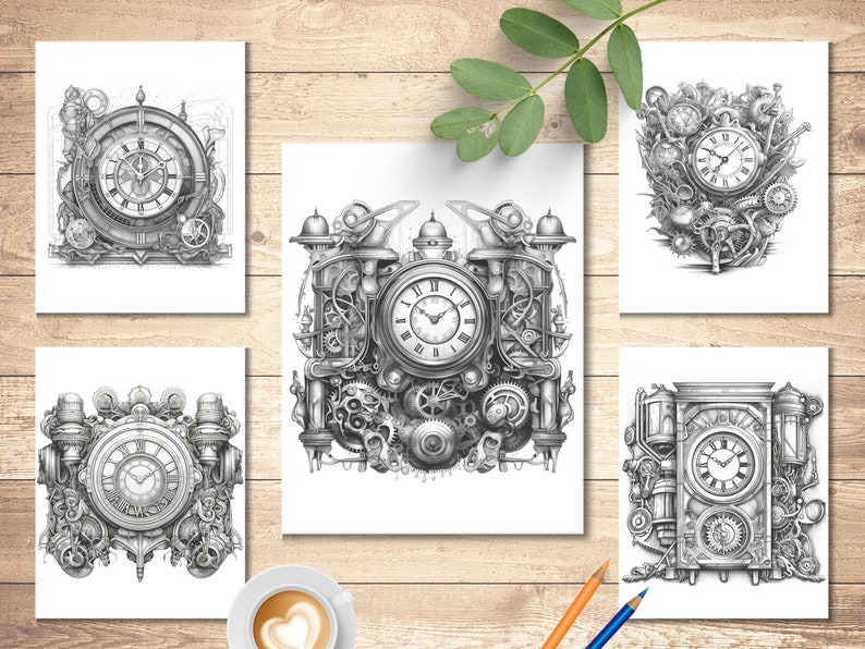 Steampunk Clock Coloring Book: Grayscale Printable Pages (PDF) - Etsy