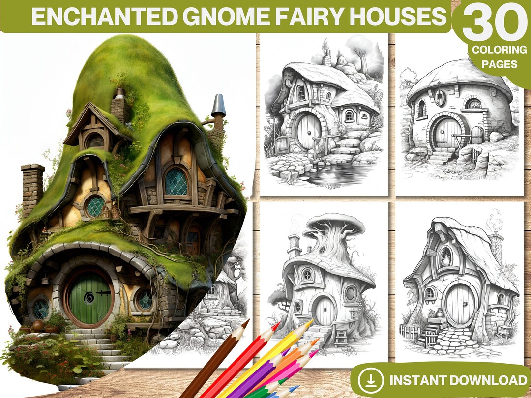 Enchanted Gnome Fairy Houses Coloring Book | Adults Coloring Pages ...