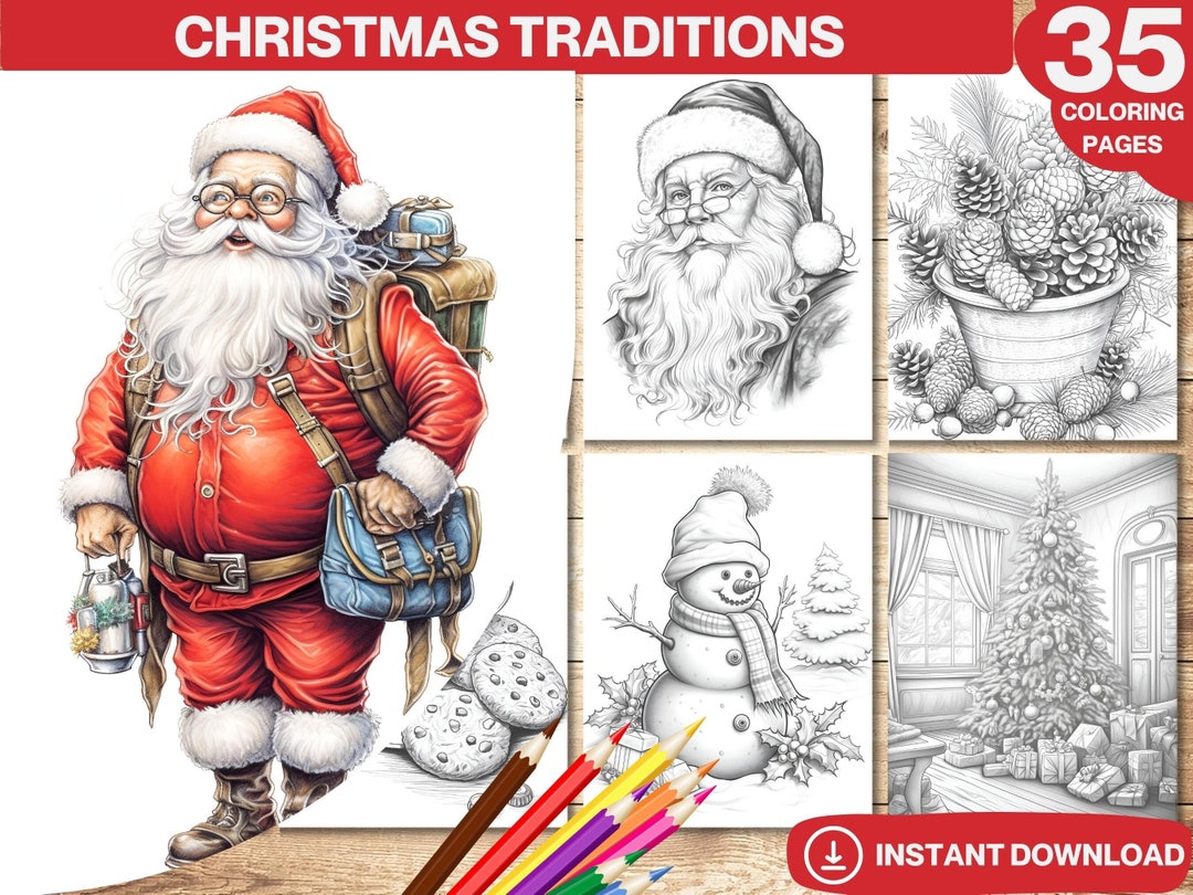 Christmas Traditions Coloring Book: 35 Grayscale Pages (printable PDF ...