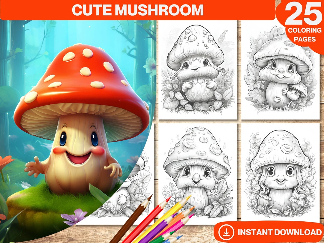 Cute Mushroom Coloring Book | Colouring Pages Adults and Kids | Instant ...