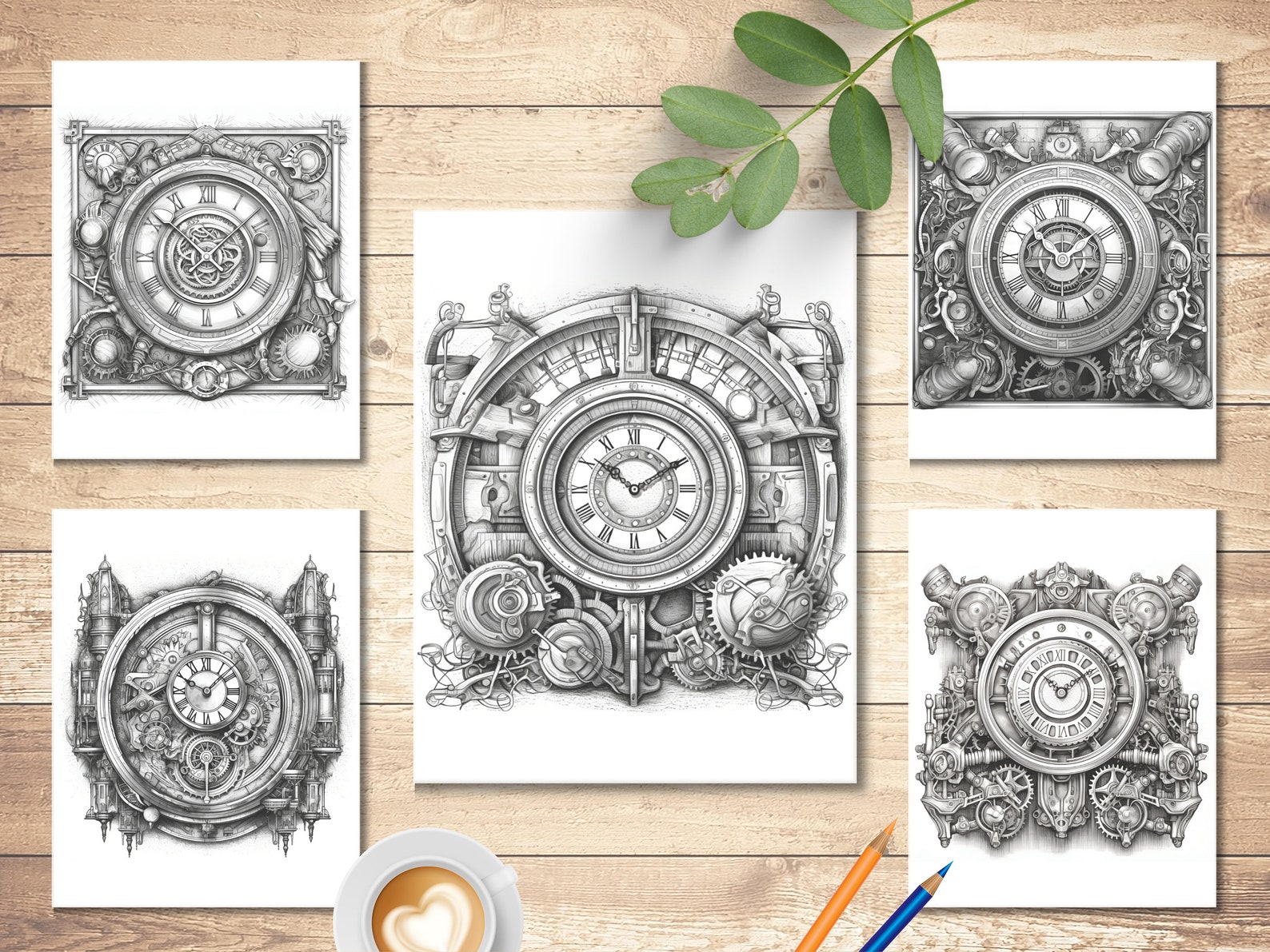 Steampunk Clock Coloring Book: Grayscale Printable Pages (PDF) - Etsy