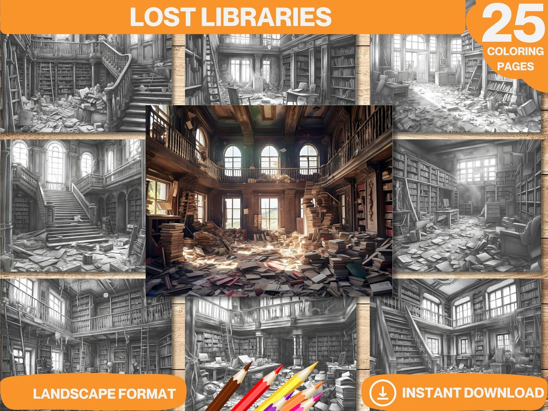 Lost Libraries Coloring Book: 25 Grayscale Pages (printable PDF) - Etsy