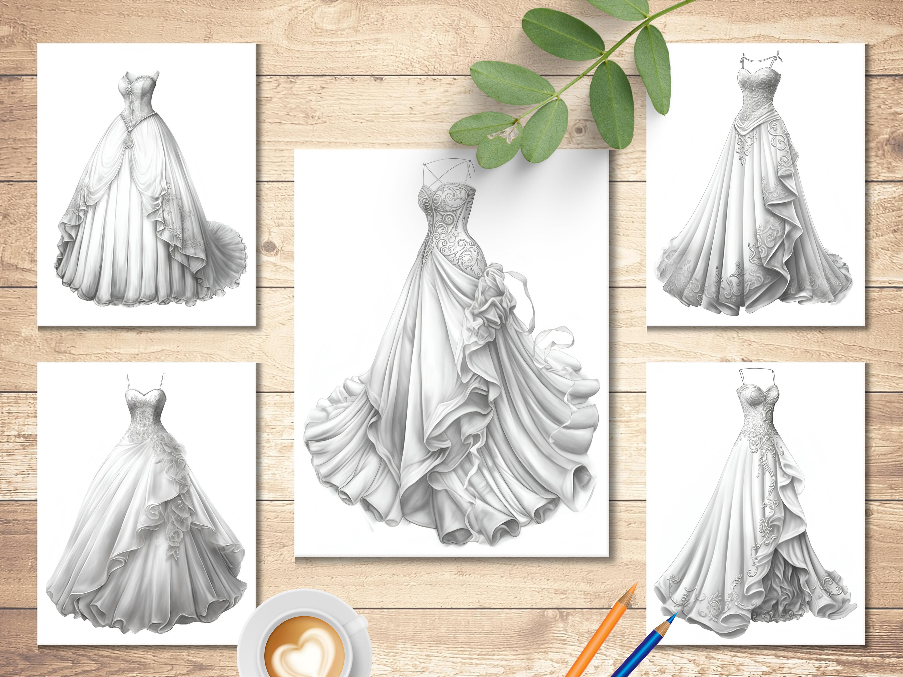 Wedding Dress Coloring Book: 25 Grayscale Pages (PDF File) - Etsy