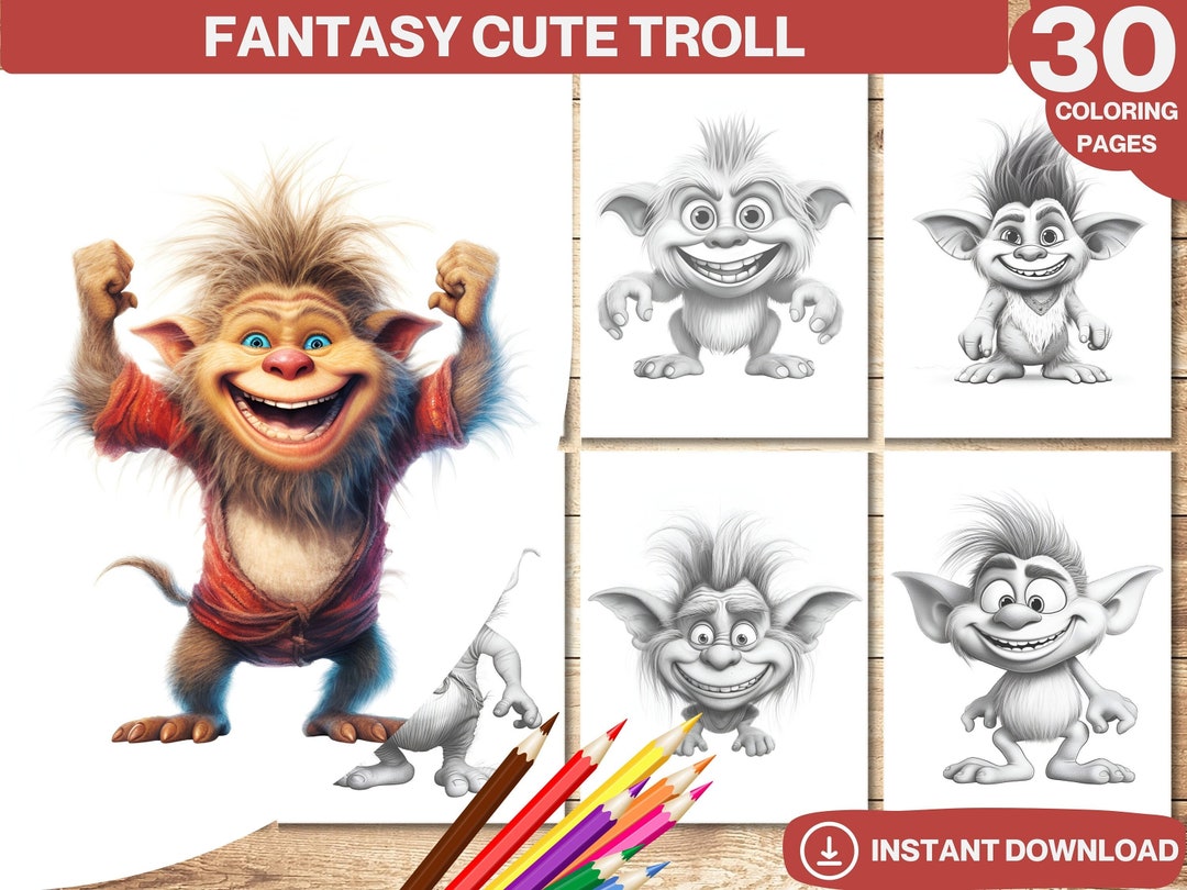 30 Fantasy Cute Troll Coloring Book, Printable Adult Kids Coloring Page ...