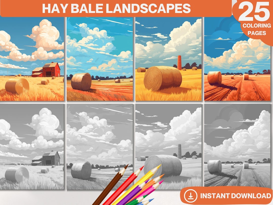 Hay Bale Landscapes Coloring Book: Grayscale Countryside Scenes ...