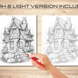 50 Enchanted Stone House Coloring Pages: Grayscale Cottages (printable ...