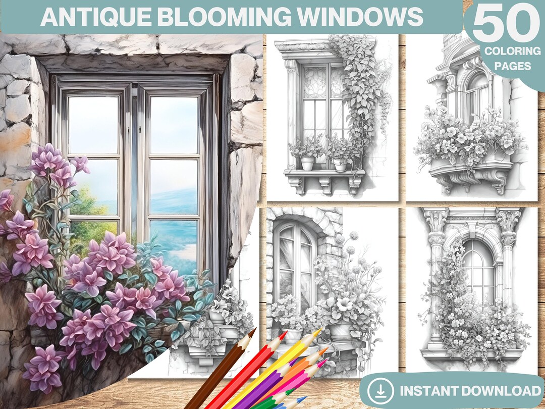 50 Antique Blooming Windows Coloring Book, Adults Kids Instant Download ...