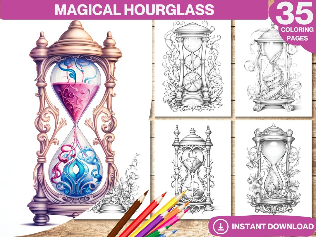 Magical Hourglass Coloring Book: Grayscale Fantasy Art (printable PDF ...