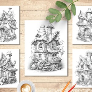 50 Enchanted Stone House Coloring Pages: Grayscale Cottages (printable ...