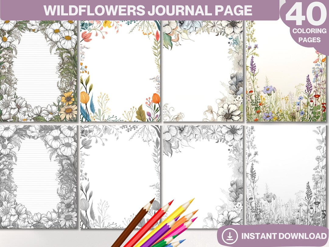 Wildflowers Coloring Book: 40 Grayscale Journal Pages (printable PDF ...