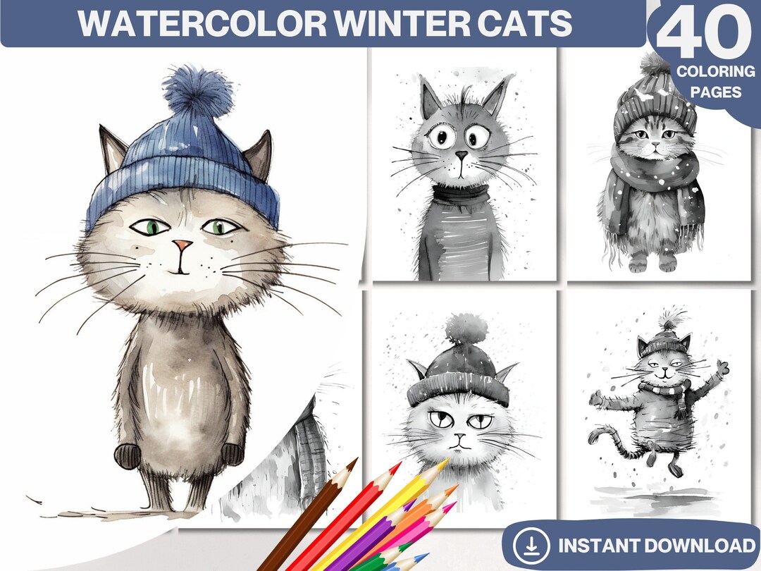Watercolor Winter Cats Coloring Book: 40 Printable Grayscale Pages (PDF ...