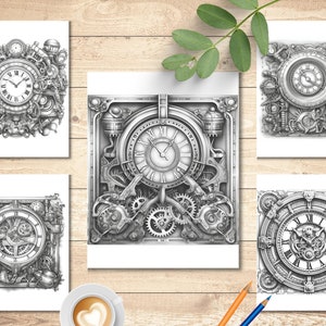 Steampunk Clock Coloring Book | Printable Adult and Kids Coloring Pages ...