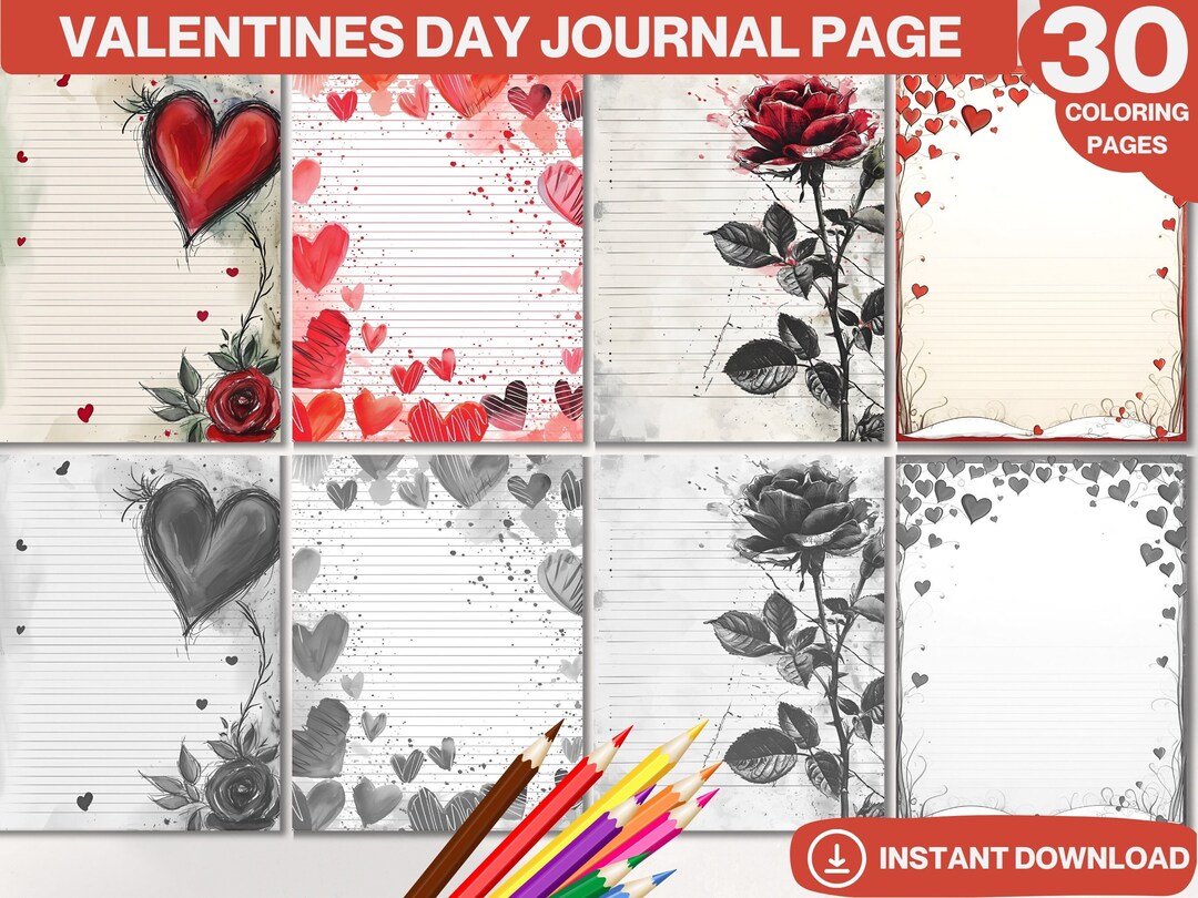 Valentine's Day Journal Page Coloring Book, Junk Journal Kit Coloring ...