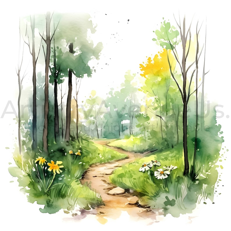 Watercolor Spring Forest Clipart – Nature JPG Images (digital Download ...