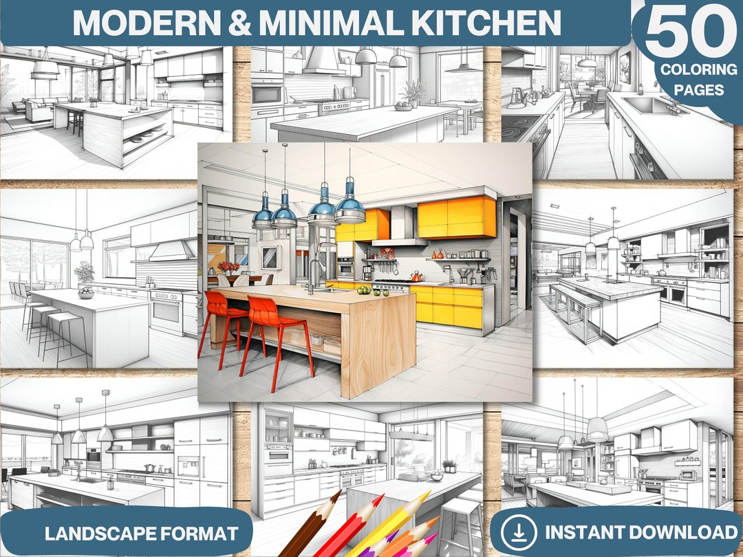 50 Modern & Minimal Kitchen Coloring Book | Printable Adult Kid Pages ...