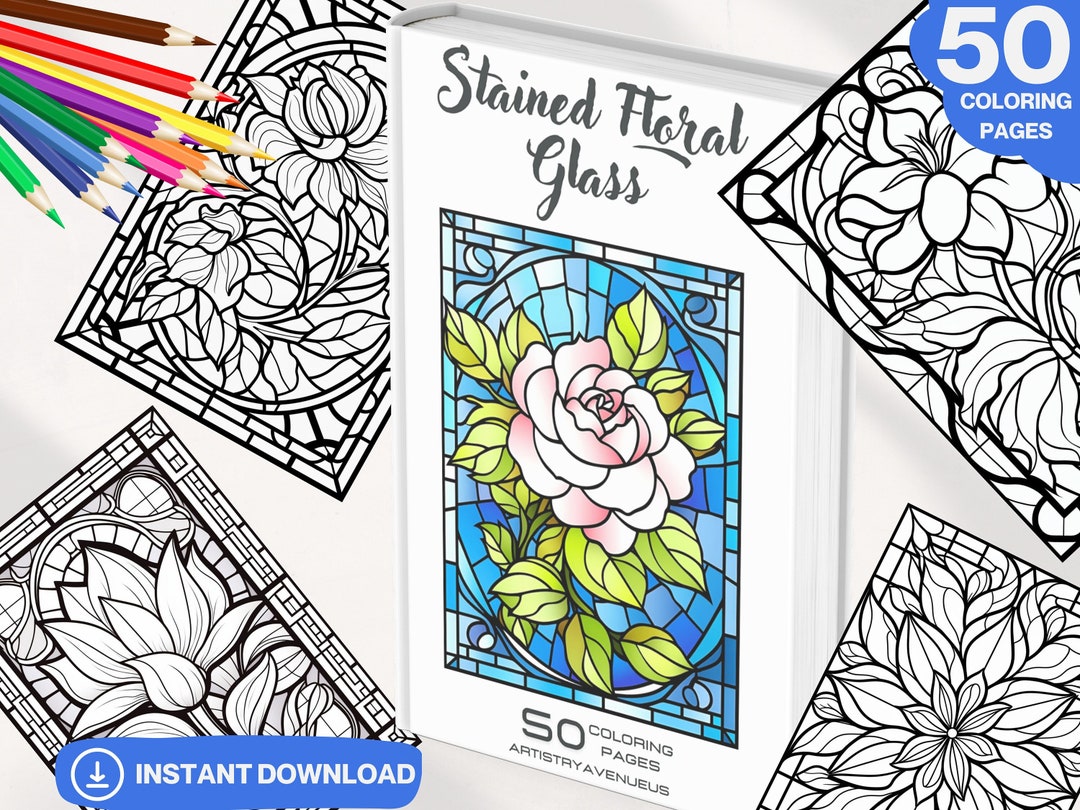 50 Stained Floral Glass Coloring Book | Adults and Kids Colouring Books ...