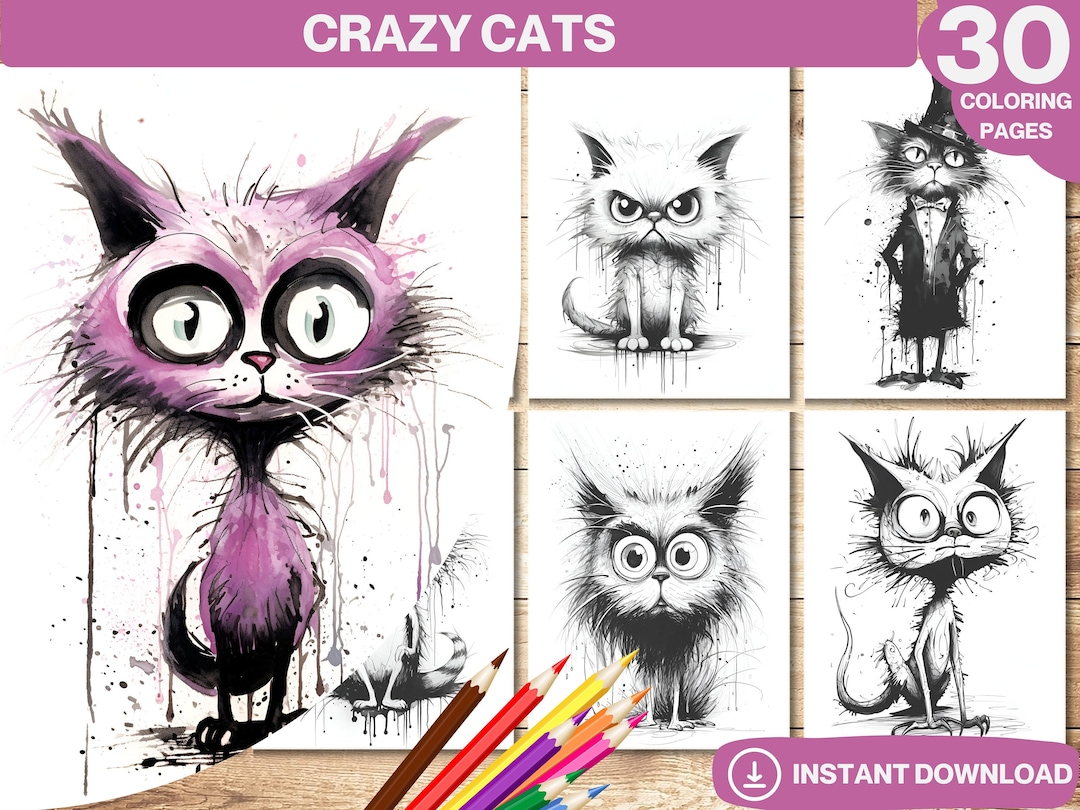 Crazy Cats Coloring Book: 30 Whimsical Grayscale Pages (printable PDF ...