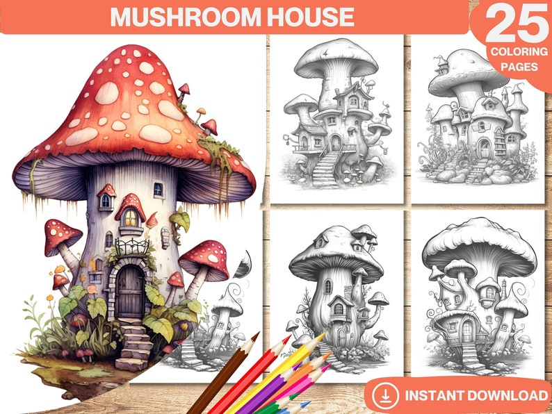 Mushroom House Coloring Book Printable Adult and Kid - Etsy