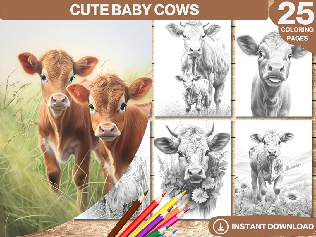 Cute Baby Cows Coloring Book | Kids & Adults Grayscale Coloring Pages ...