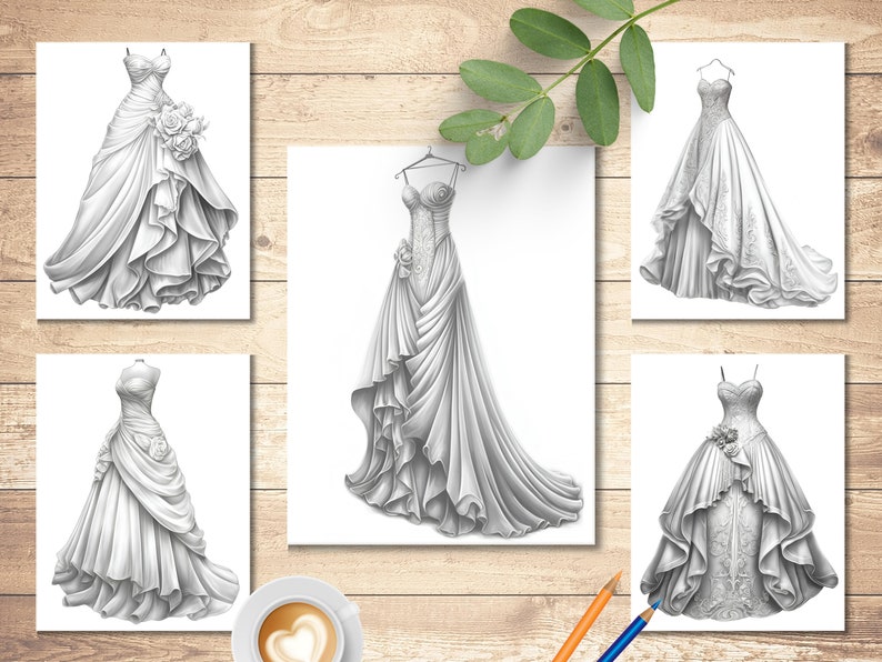 Wedding Dress Coloring Book: 25 Grayscale Pages (PDF File) - Etsy