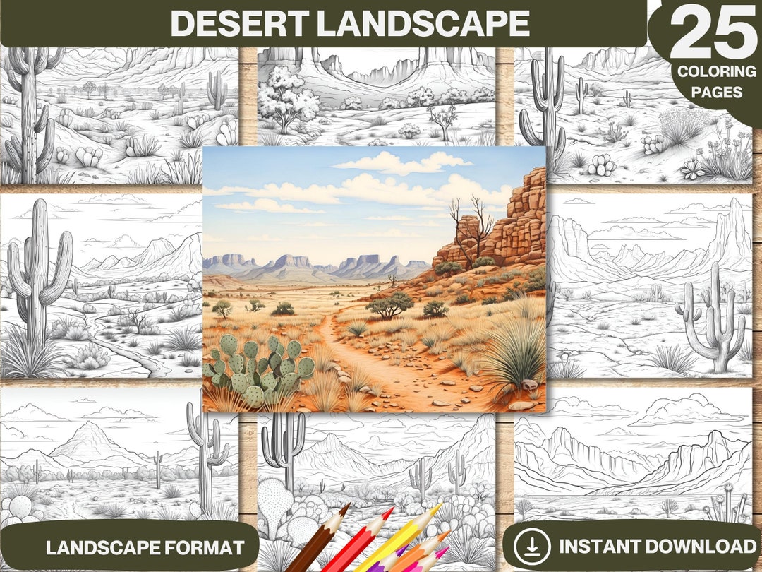 Desert Landscape Coloring Book: Grayscale Adult & Kids Pages (instant ...