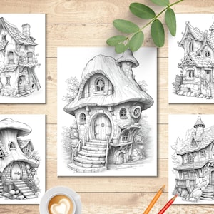 50 Enchanted Stone House Coloring Pages: Grayscale Cottages (printable ...