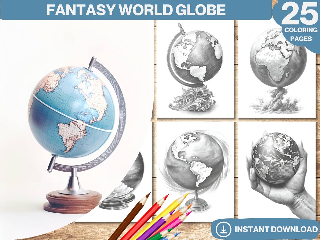 Fantasy World Globe Coloring Book | Printable Adult Coloring Page ...