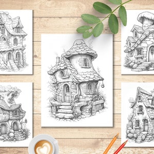 50 Enchanted Stone House Coloring Pages: Grayscale Cottages (printable ...