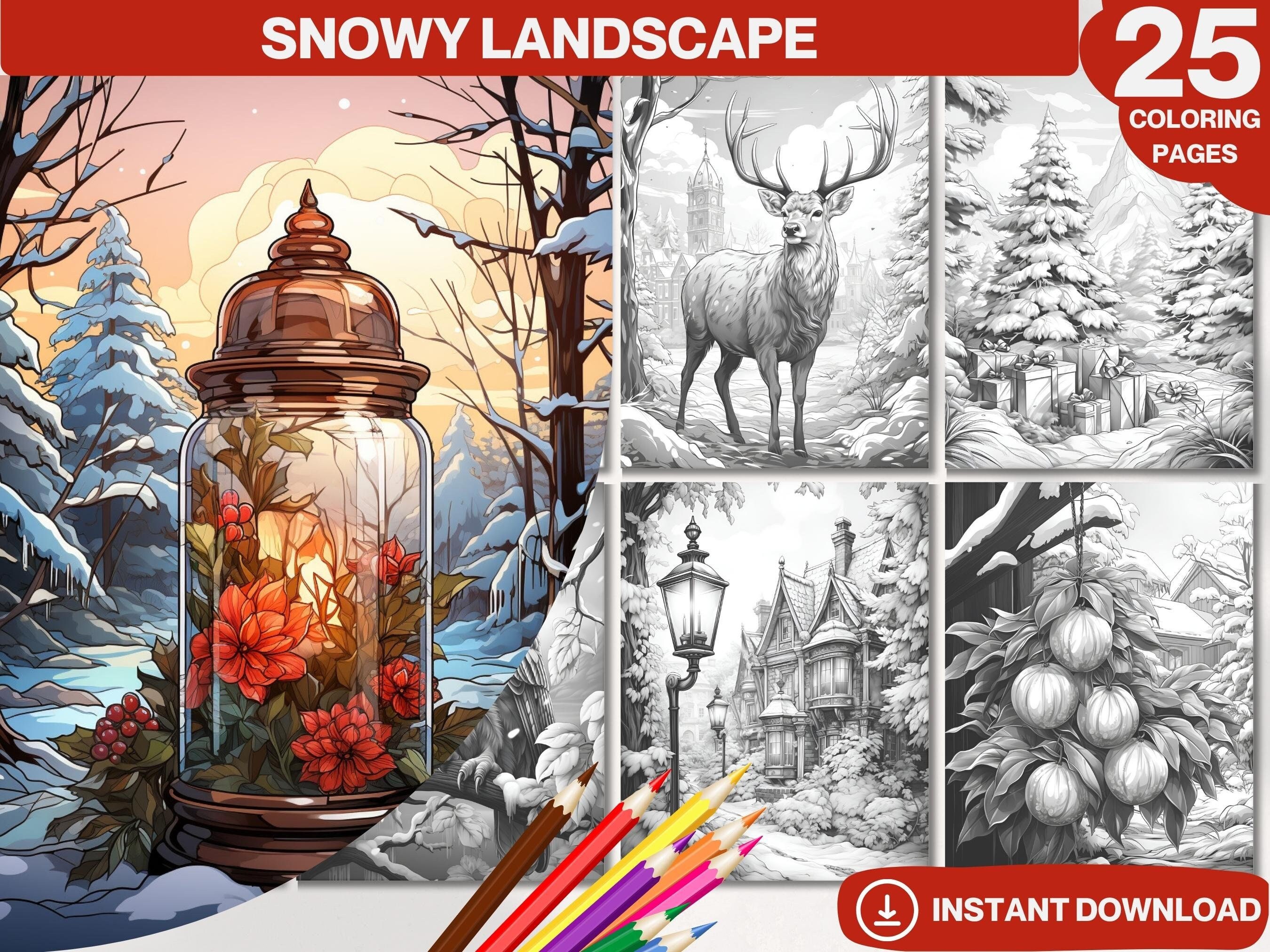 Snowy Landscape Coloring Book Printable Adult & Kid Coloring - Etsy