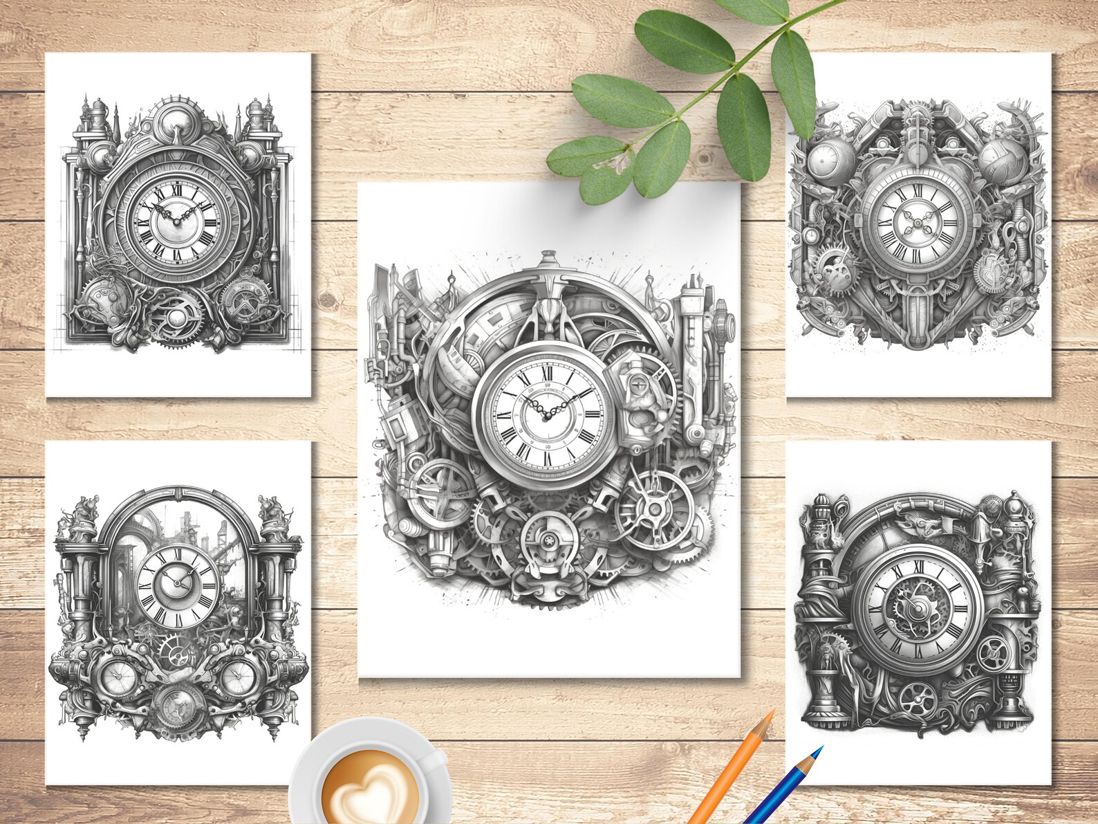 Steampunk Clock Coloring Book: Grayscale Printable Pages (PDF) - Etsy