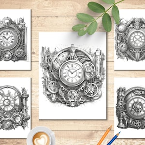 Steampunk Clock Coloring Book | Printable Adult and Kids Coloring Pages ...