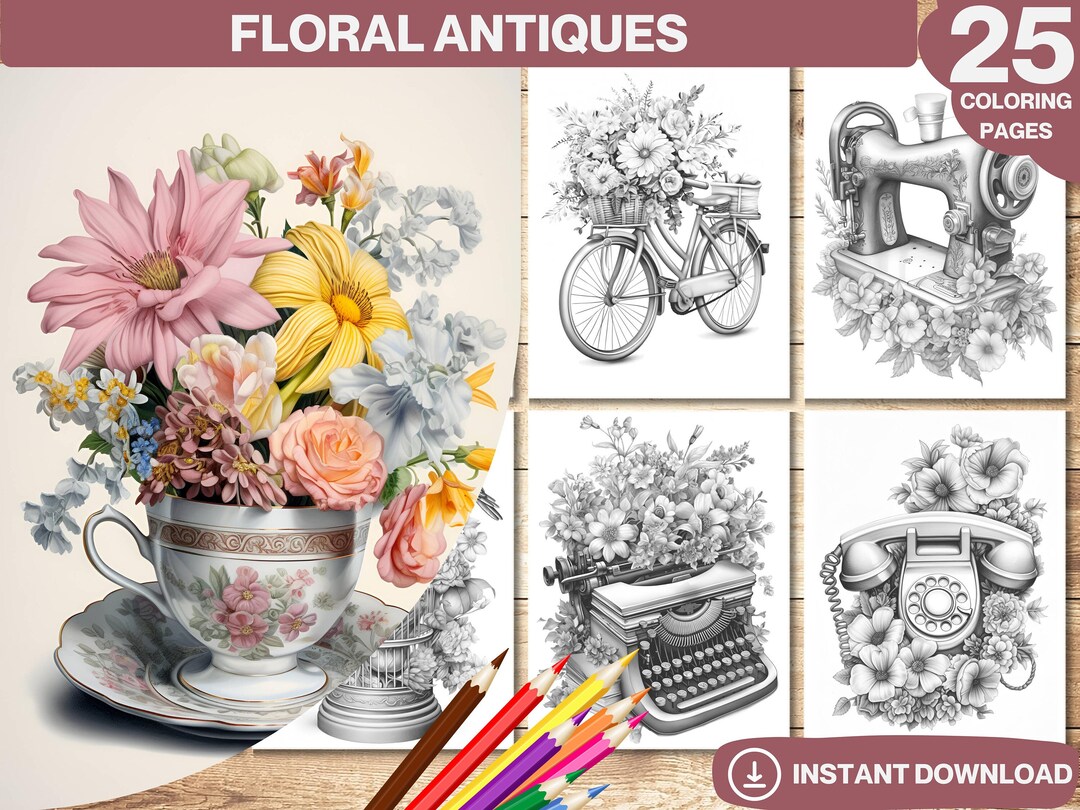 Floral Antiques Coloring Book: 25 Grayscale Pages (printable PDF) - Etsy