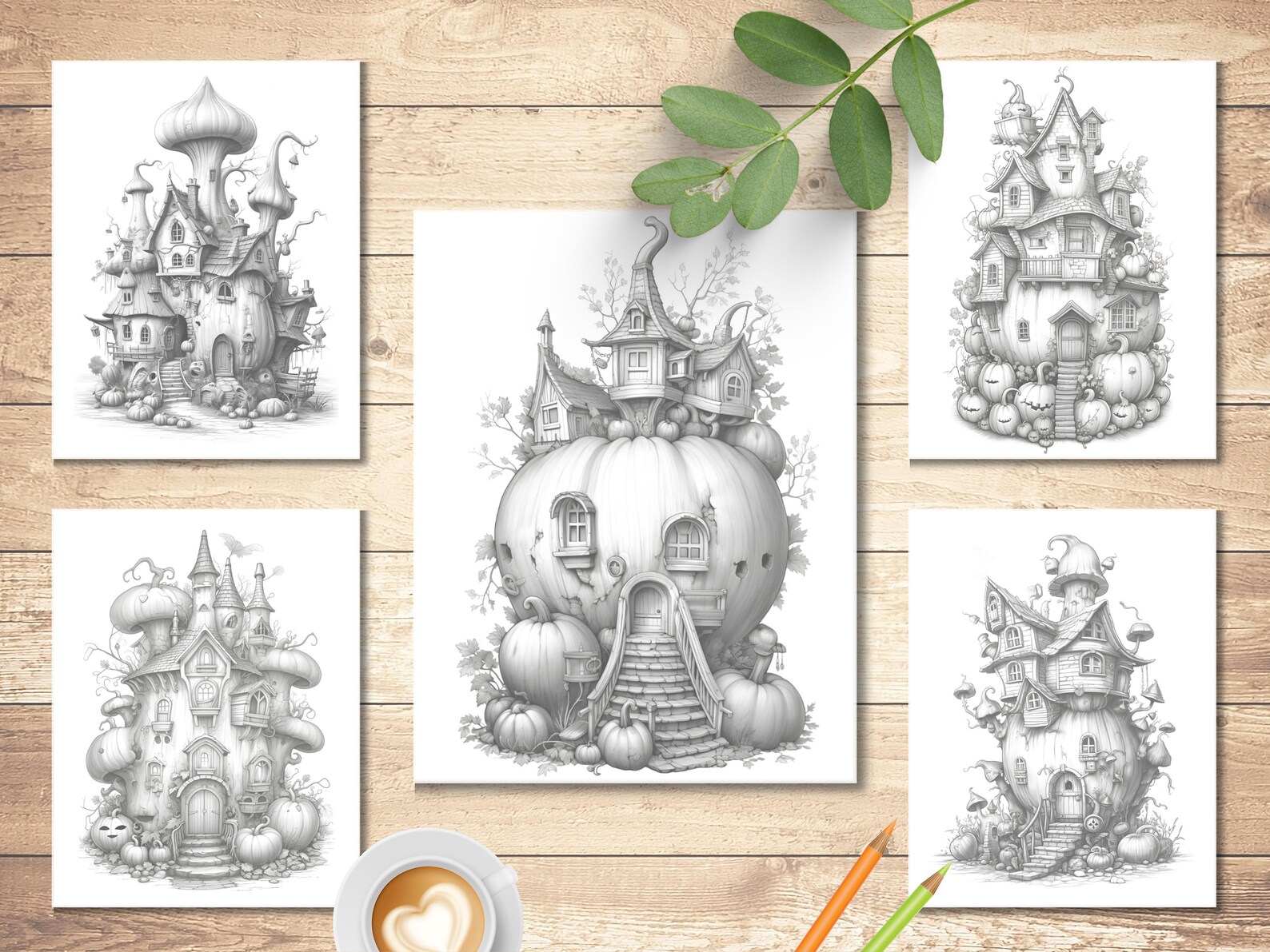 Pumpkin Fairy Houses Coloring Book: 25 Grayscale Pages (printable PDF ...