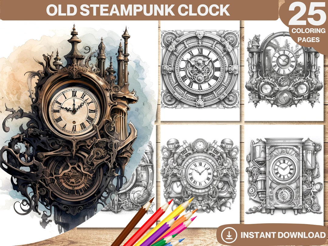 Steampunk Clock Coloring Book: Grayscale Printable Pages (PDF) - Etsy
