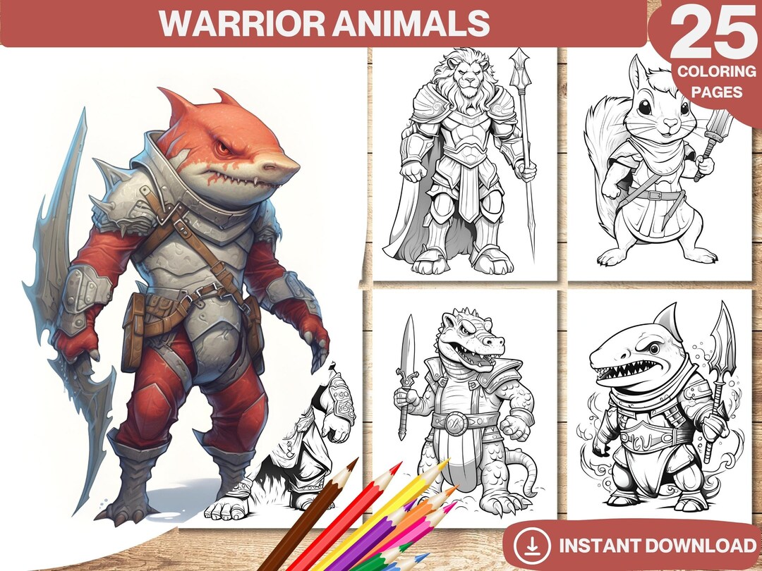 Warrior Animals Coloring Book, Printable Cats Coloring Pages Digital ...