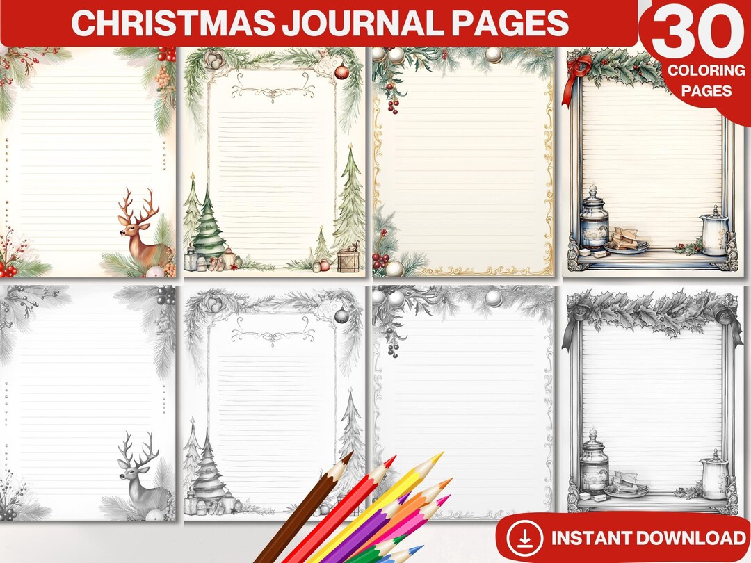 Christmas Journal Pages Coloring Book: 30 Printable Grayscale Designs ...
