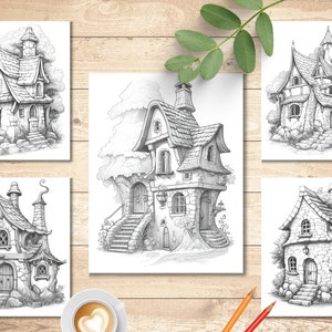 50 Enchanted Stone House Coloring Pages: Grayscale Cottages (printable ...