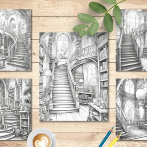 Enchanted Library Coloring Book | Adults Coloring Pages | Grayscale ...