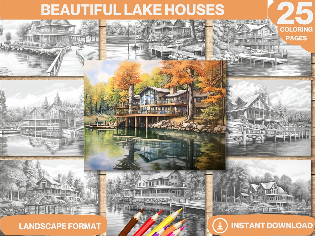 Lake House Coloring Book: Grayscale Cottage Illustrations (printable ...