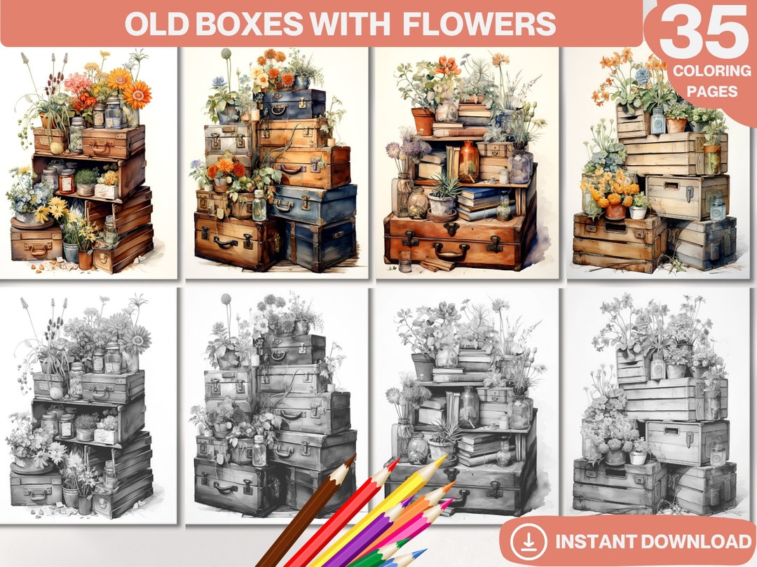 Old Boxes With Flowers Coloring Book: Grayscale PDF (instant Download ...